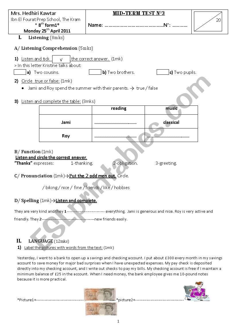 Mid-term test n°3 8th form- tunisia - ESL worksheet by koko chanel