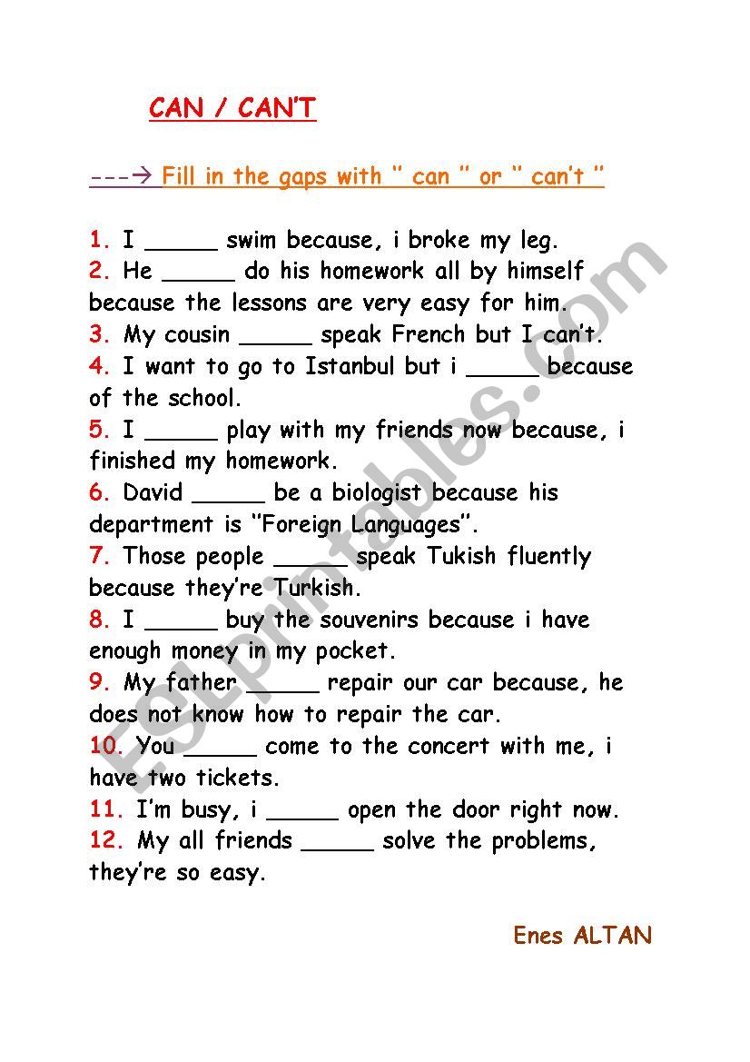 Can / Can´t Worksheet - ESL worksheet by CrazySkater