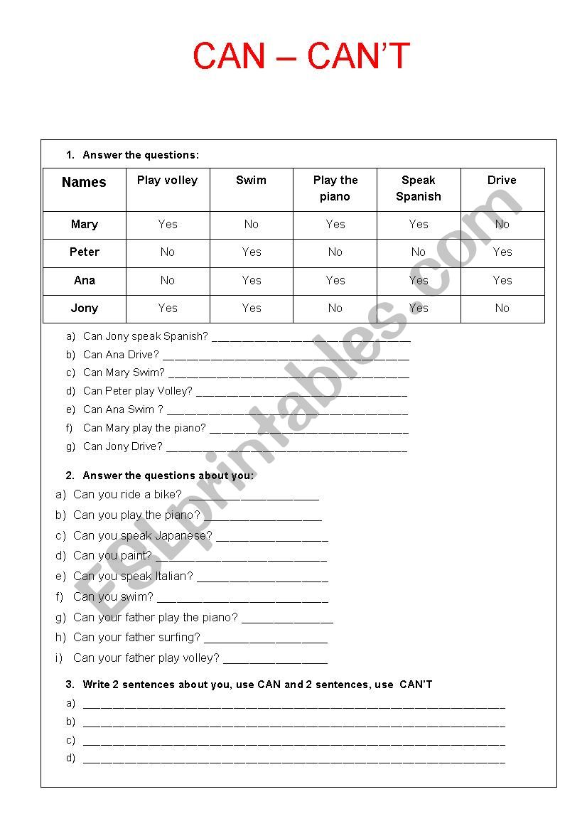 CAN / CAN´T - ESL worksheet by fernanda.bat