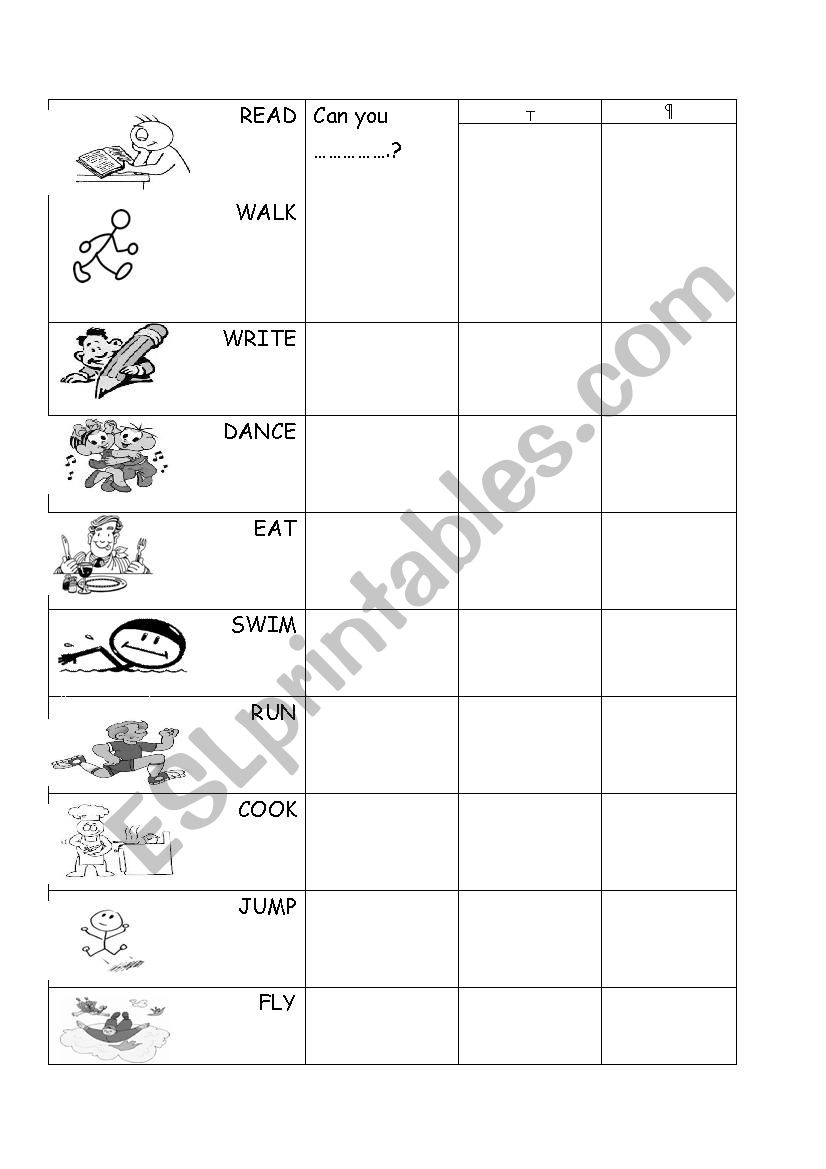 CAN CAN´T .....EAT, RUN, WALK, COOK, READ, WRITE, JUMP. SWIM, DANCE, FLY - ESL worksheet by ...