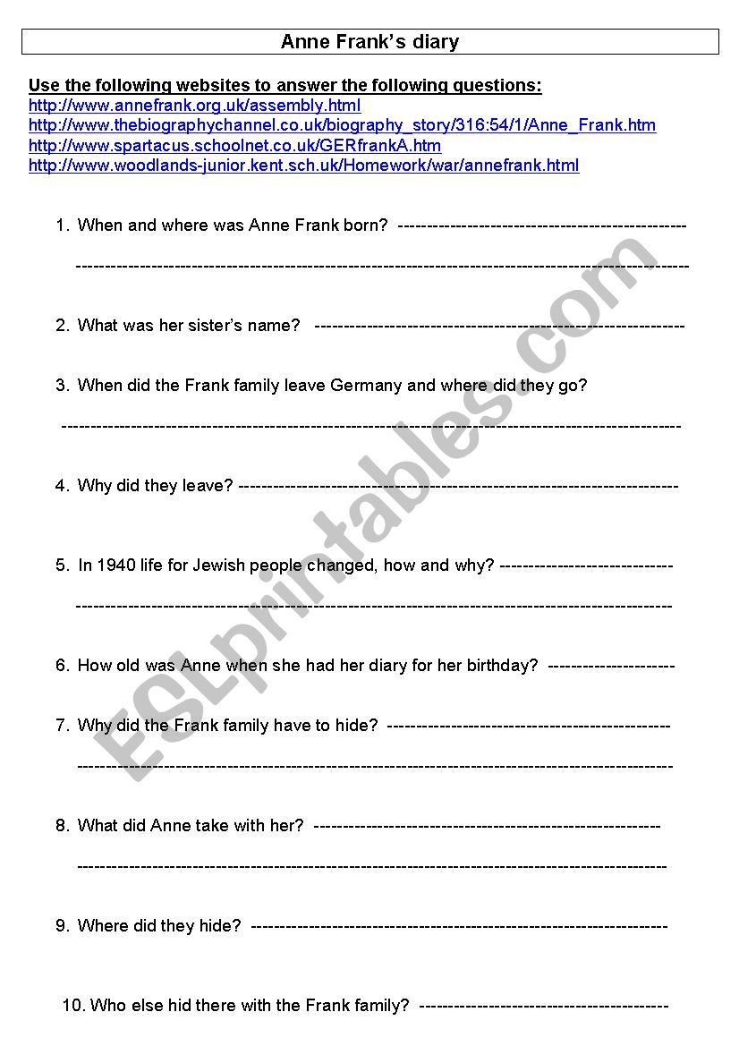 Anne Frank´s Diary - ESL worksheet by le rhun