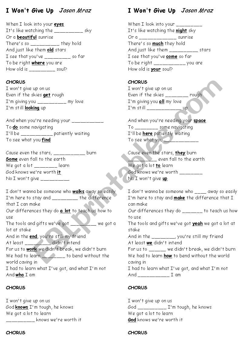 I Won´t Give Up - Jason Mraz (Basic) - ESL worksheet by LailaCorrea