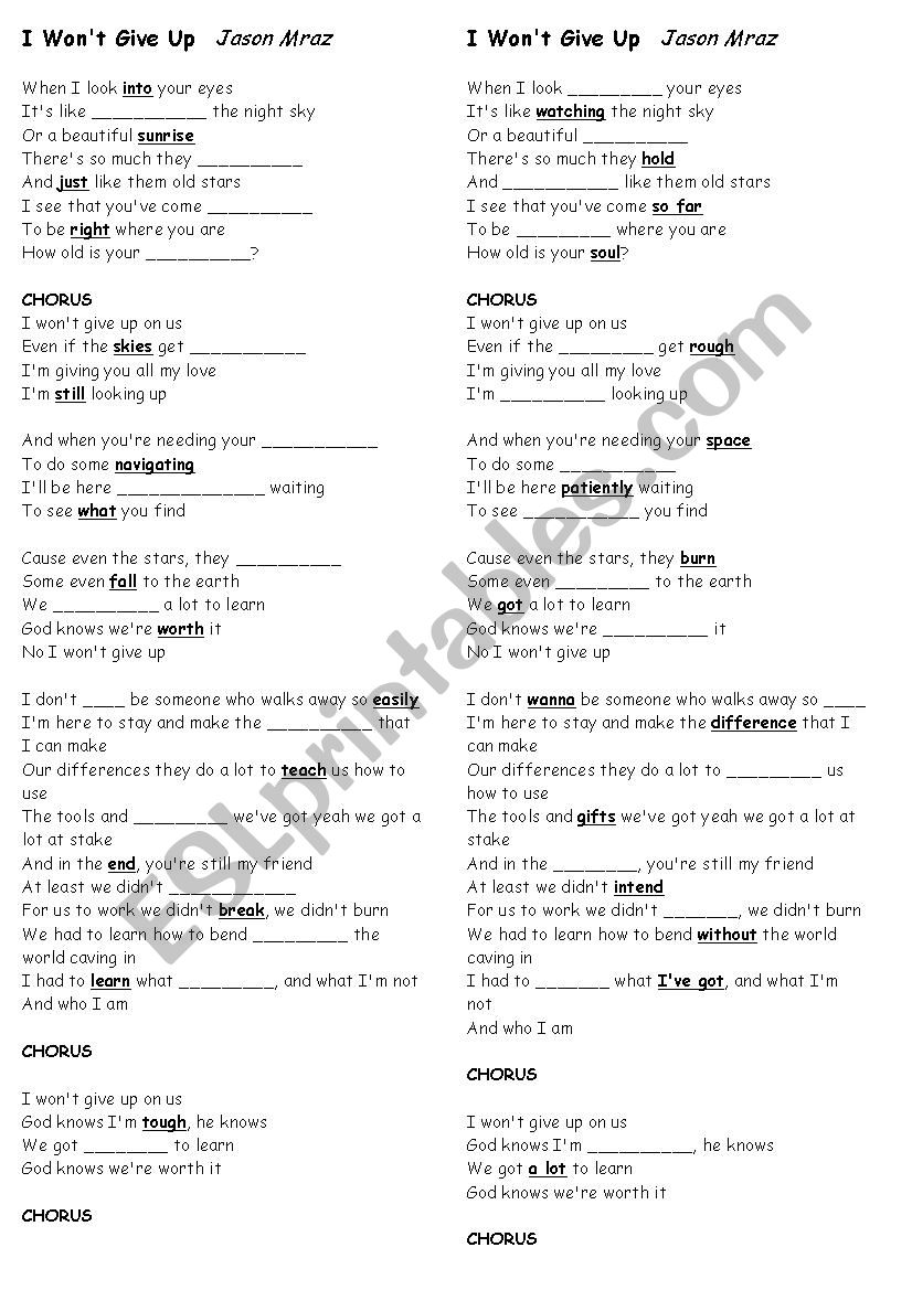 I Won´t Give Up - Jason Mraz (Intermediate) - ESL worksheet by LailaCorrea