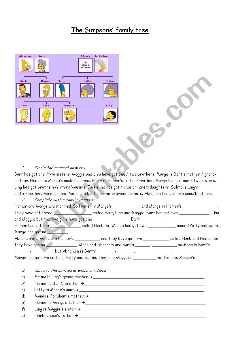 English worksheets: the Simpsons´ family tree