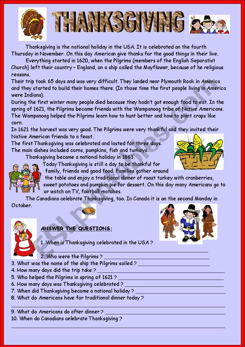 Thanksgiving KEY ESL Worksheet By Renko6