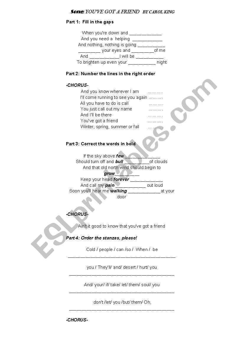 Song: You´ve got a friend - ESL worksheet by maracerpa