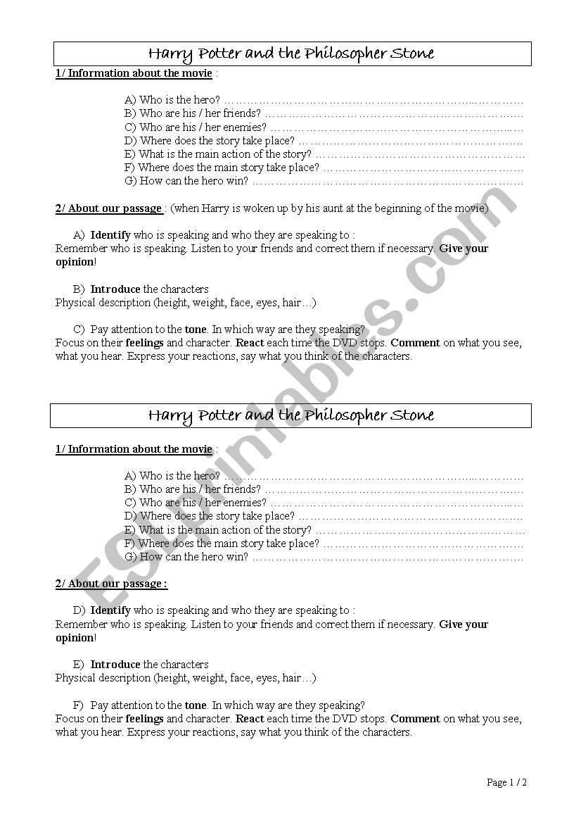 English worksheets: Harry Potter and the philosopher´s stone