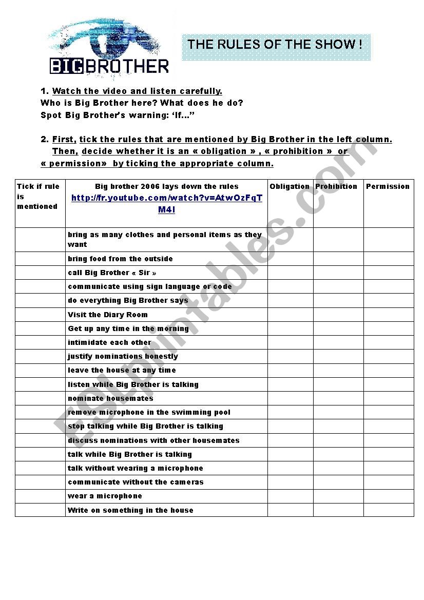 Reality TV: The rules in the Big Brother´s house - ESL worksheet by ...