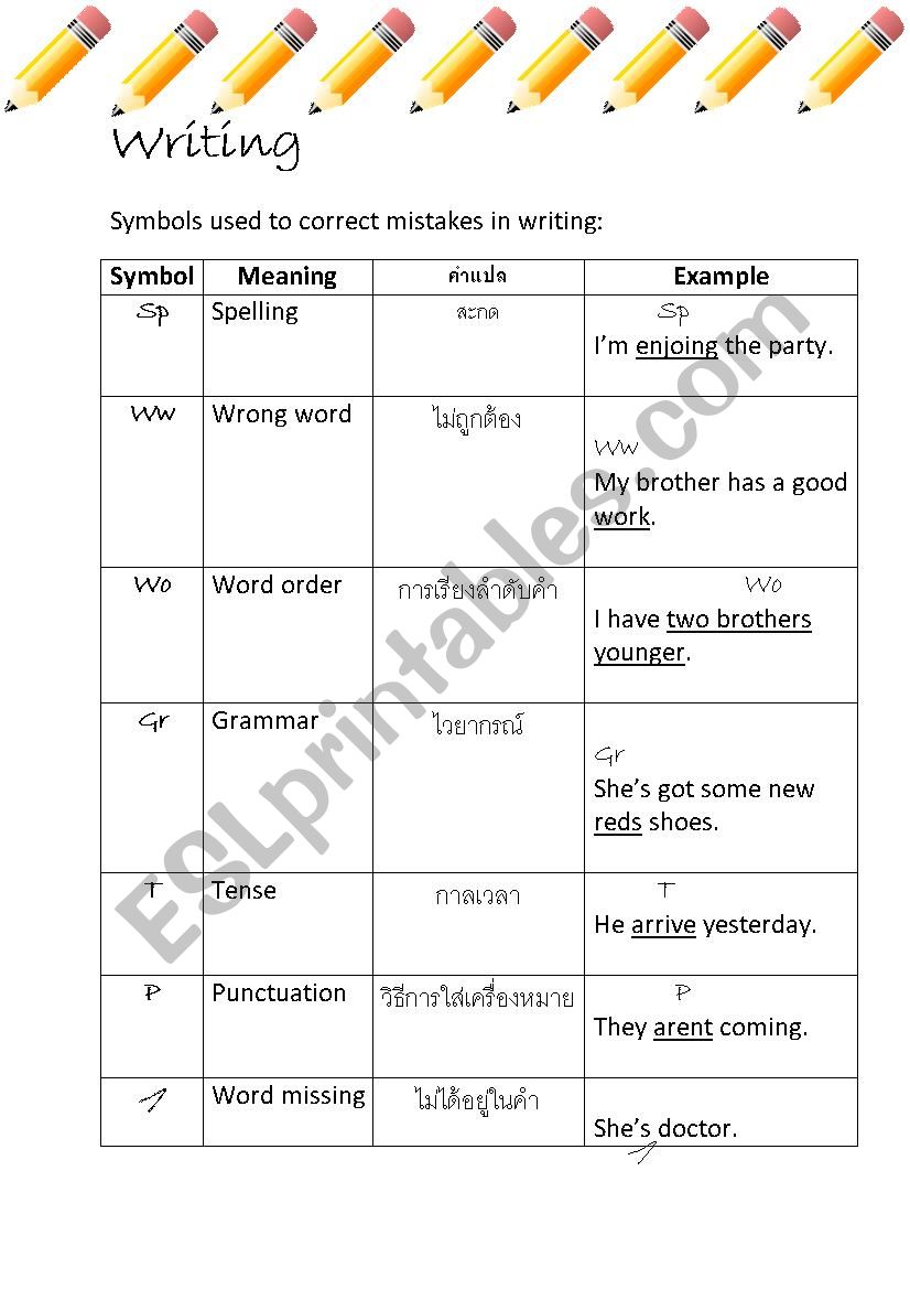 Symbols for correcting writing mistakes. - ESL worksheet by photogio Symbols for correcting writing mistakes. - ESL worksheet by photogio