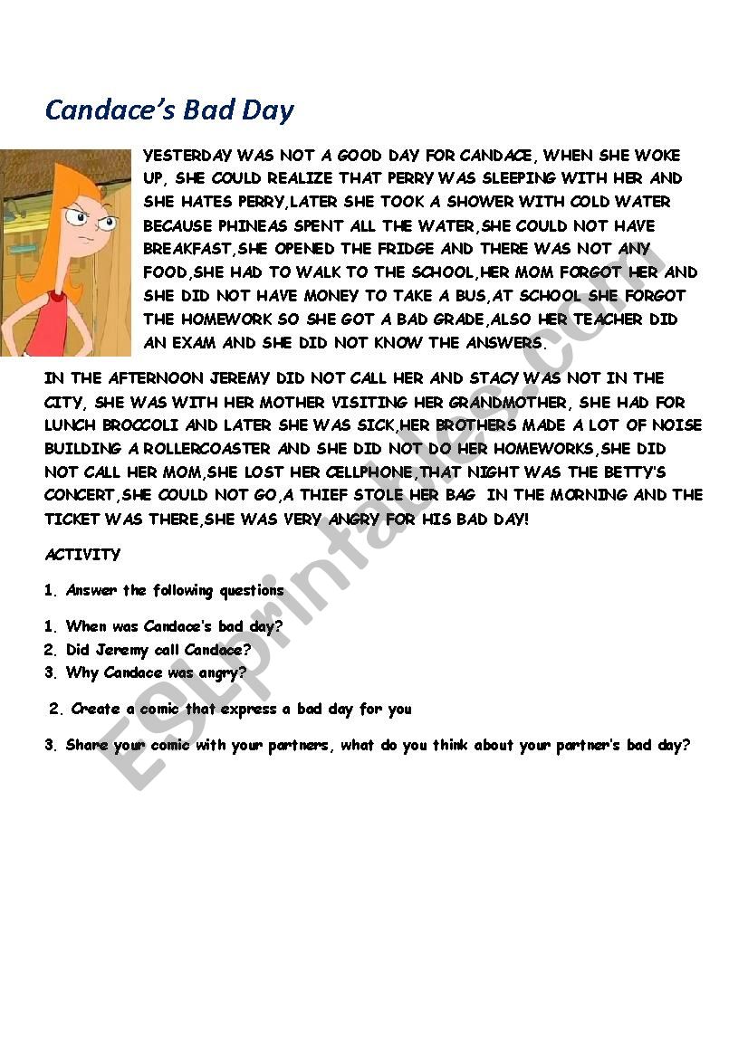 candace´s bad day - ESL worksheet by ischala26