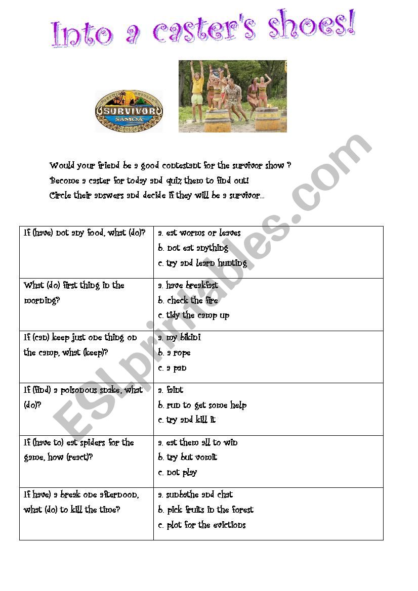 Survivor: into a caster´s shoes! - ESL worksheet by mariebichereau