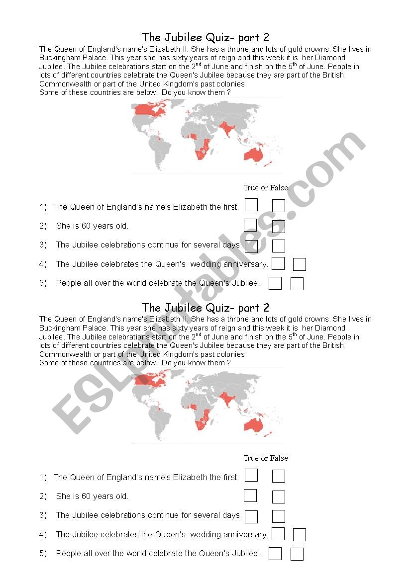 The Queen´s Diamond Jubilee Quiz- Part 2 - ESL worksheet by Stripey Cat