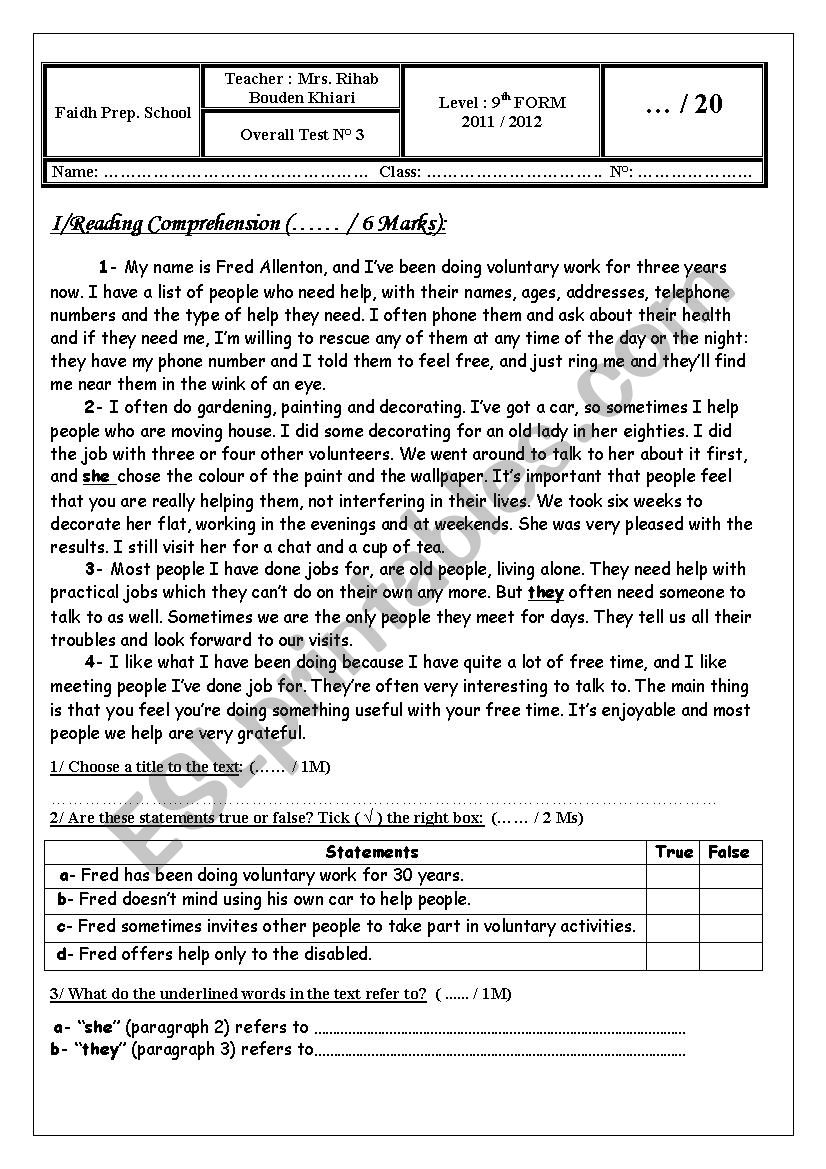 9th F overall test N°3 - ESL worksheet by Riho Riho