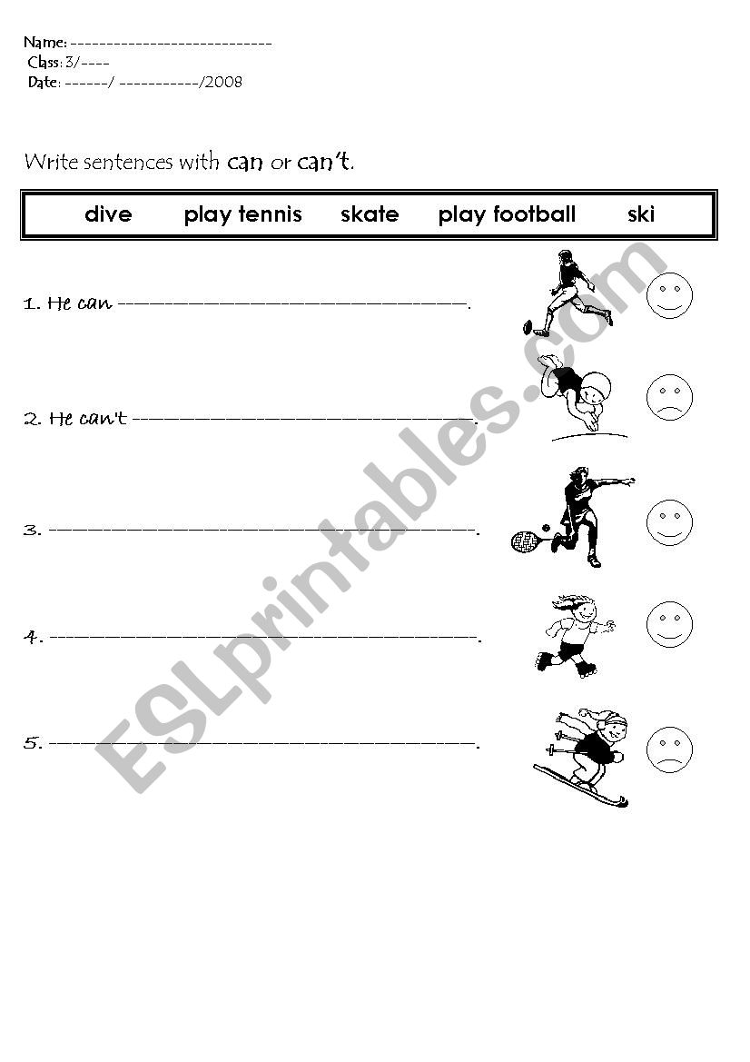 English worksheets: Write sentences using can or can´t
