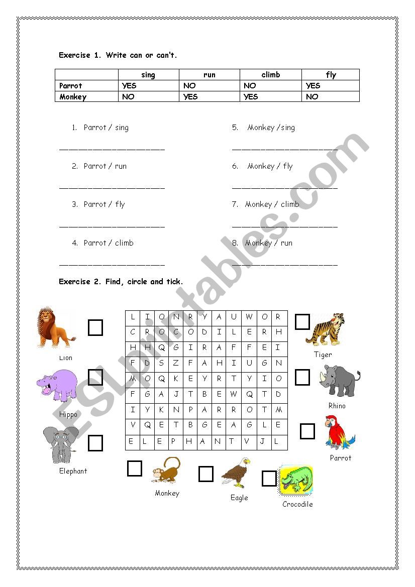Can/Can´t animal worksheet - ESL worksheet by Airbus88