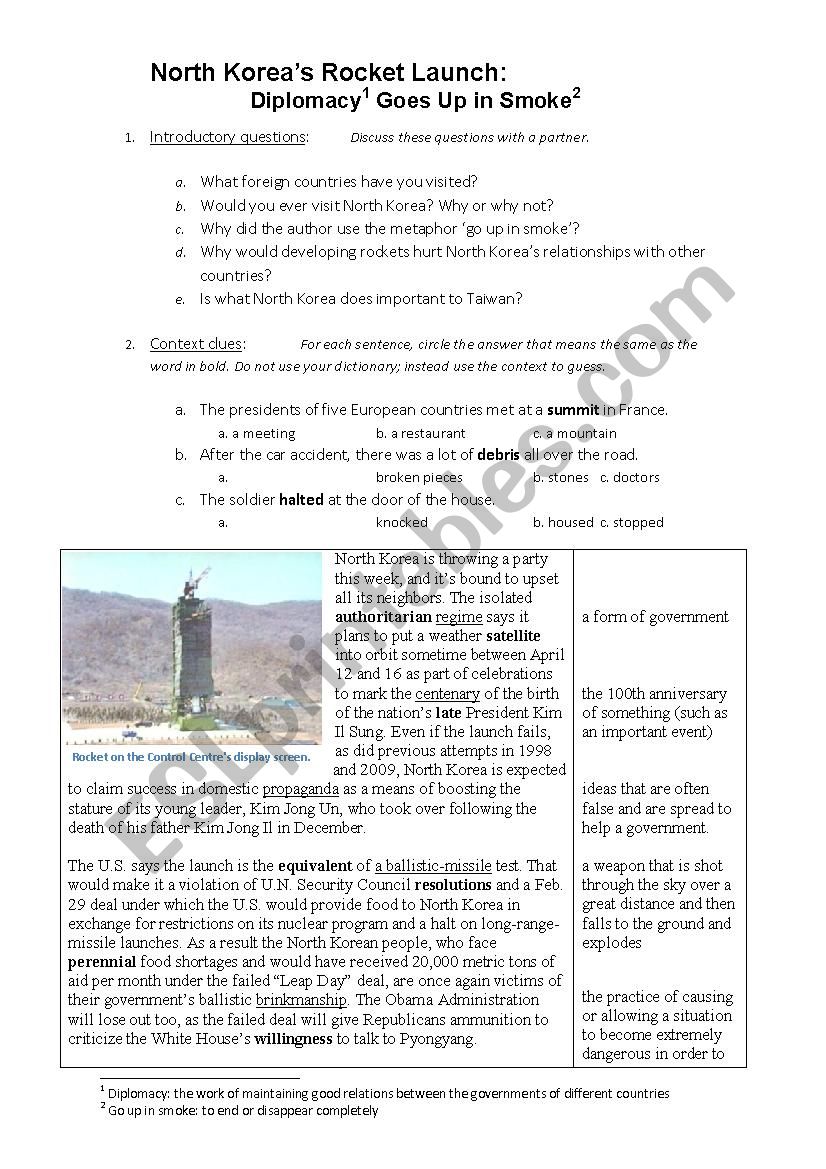 North Korea’s Rocket Launch: Diplomacy Goes Up in Smoke - ESL worksheet ...