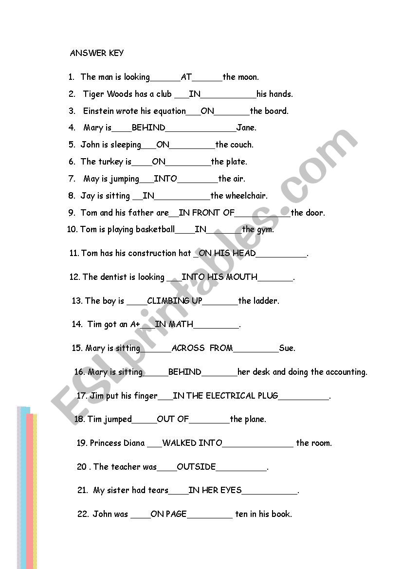 Prepositions With Answer Key Esl Worksheet By Giovanni Prep | PDF