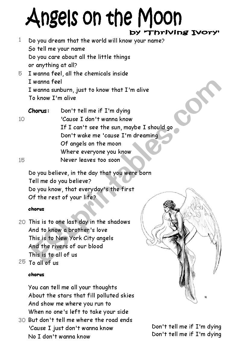 song ´Angels on the Moon´ by Thriving Ivory (3 pages) - ESL worksheet ...