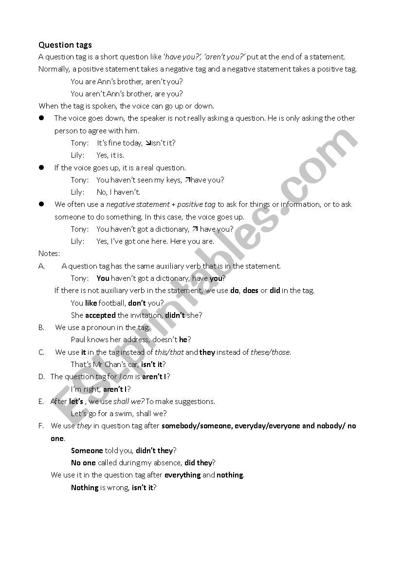 Question tag - ESL worksheet by kimkwok