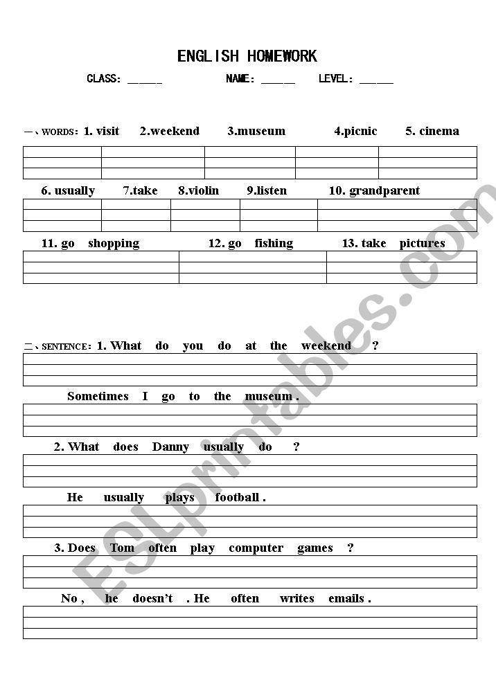 English Worksheets ENGLISH HOMEWORK
