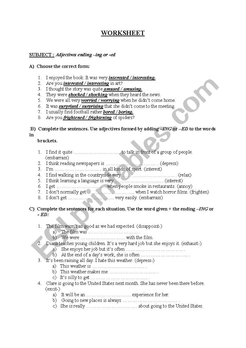 Adjectives ending –ing or -ed - ESL worksheet by Nightsilver