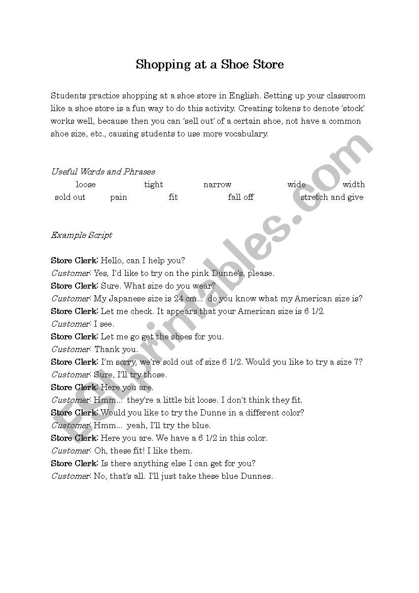 Shopping at a Shoe Store (Men´s Shoes) - ESL worksheet by nexisrocks