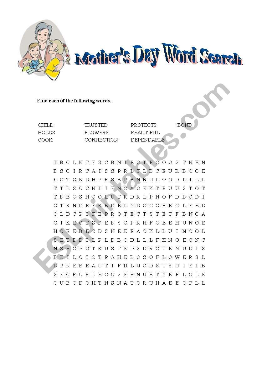 Mother´s day word search - ESL worksheet by nuno miguel