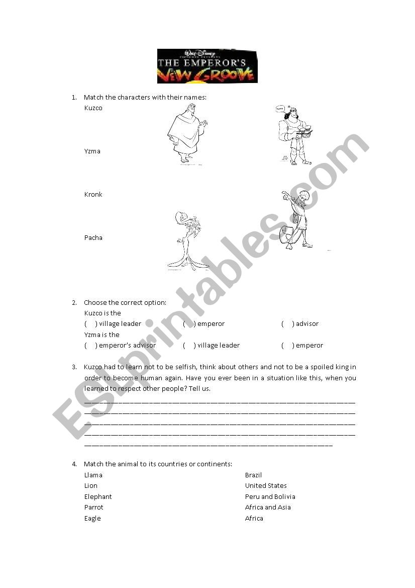 The Emperor´s New Groove Worksheet - ESL worksheet by Prologica