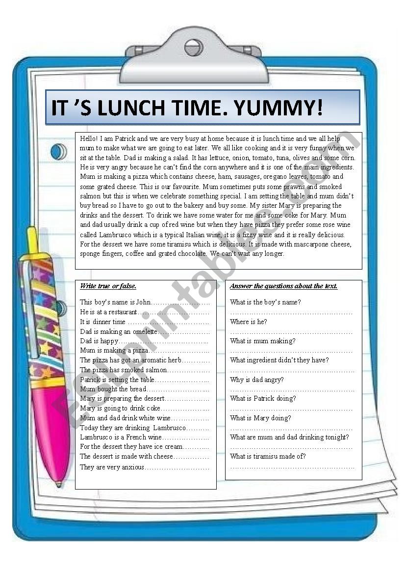 it´s lunch time. Yummy. - ESL worksheet by montseteacher