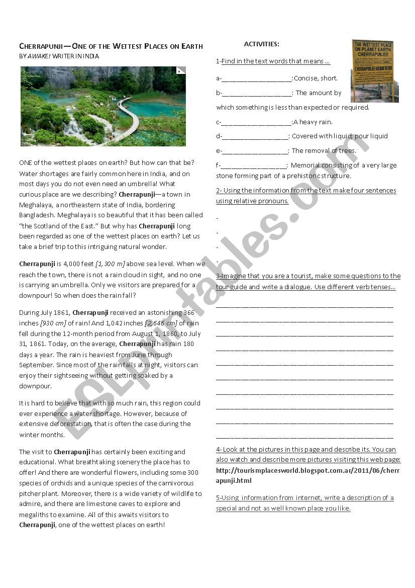 Cherrapunji—One of the Wettest Places on Earth-- reading comprehension ...
