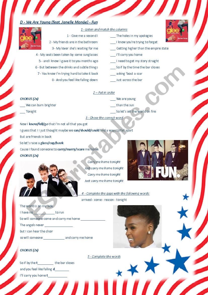 We Are Young (feat. Janelle MonÃ¡e) - Fun - ESL worksheet by Cleo2011