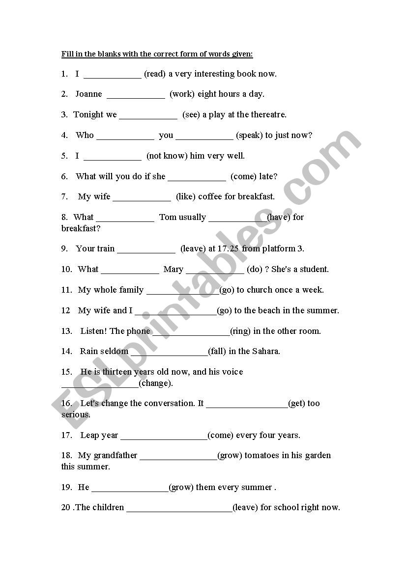 Fill In The Blanks With The Correct Form Of Words Given ESL 