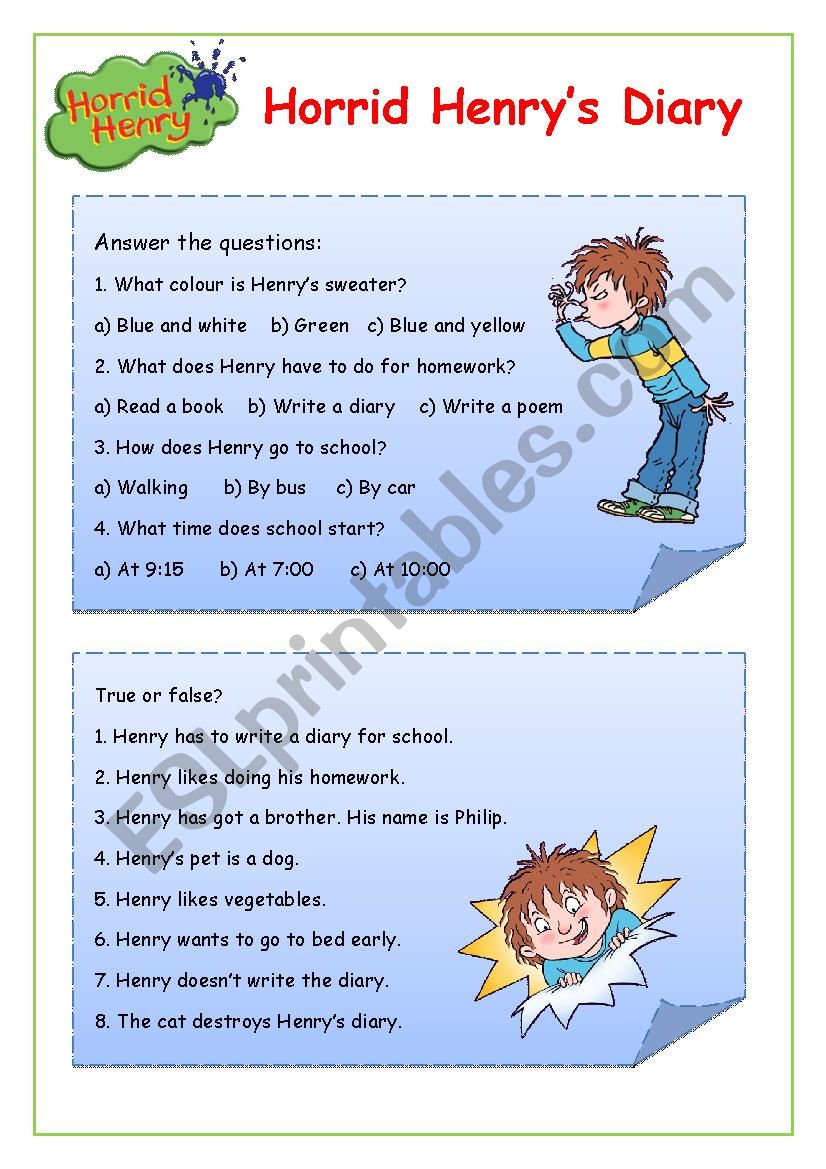 Horrid Henry - Horrid Henry´s Diary - ESL worksheet by eslandrea