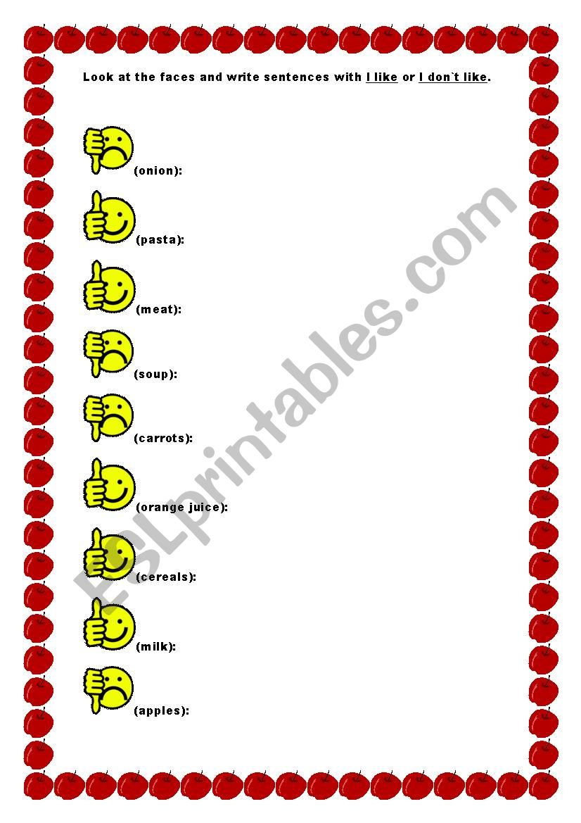 Look at the faces and write sentences with I like and I don`t like ...