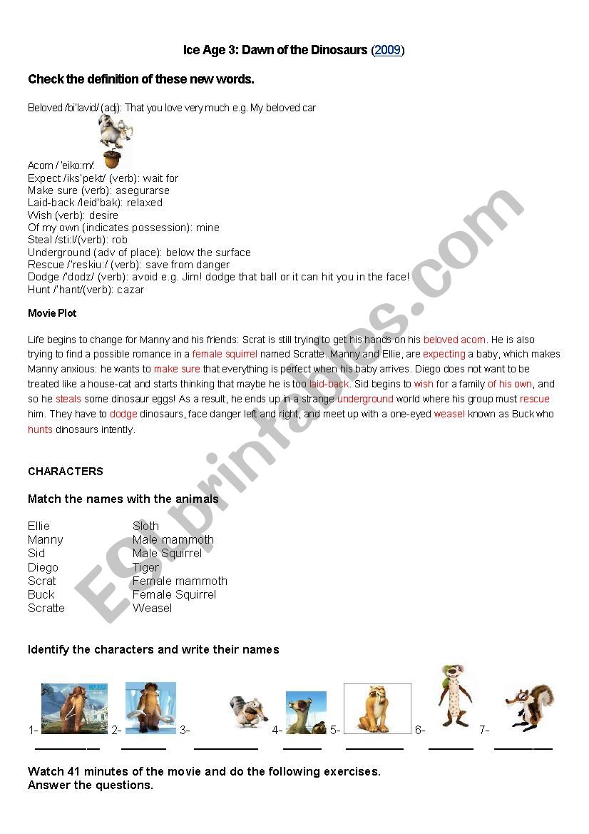Ice Age 3 Activity - ESL worksheet by andi.ihls