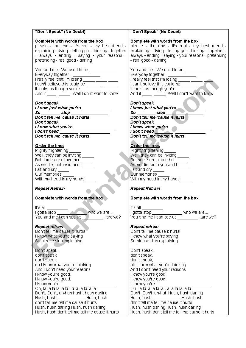 Don´t Speak- No Doubt - ESL worksheet by maribus73 Don´t Speak- No Doubt - ESL worksheet by maribus73