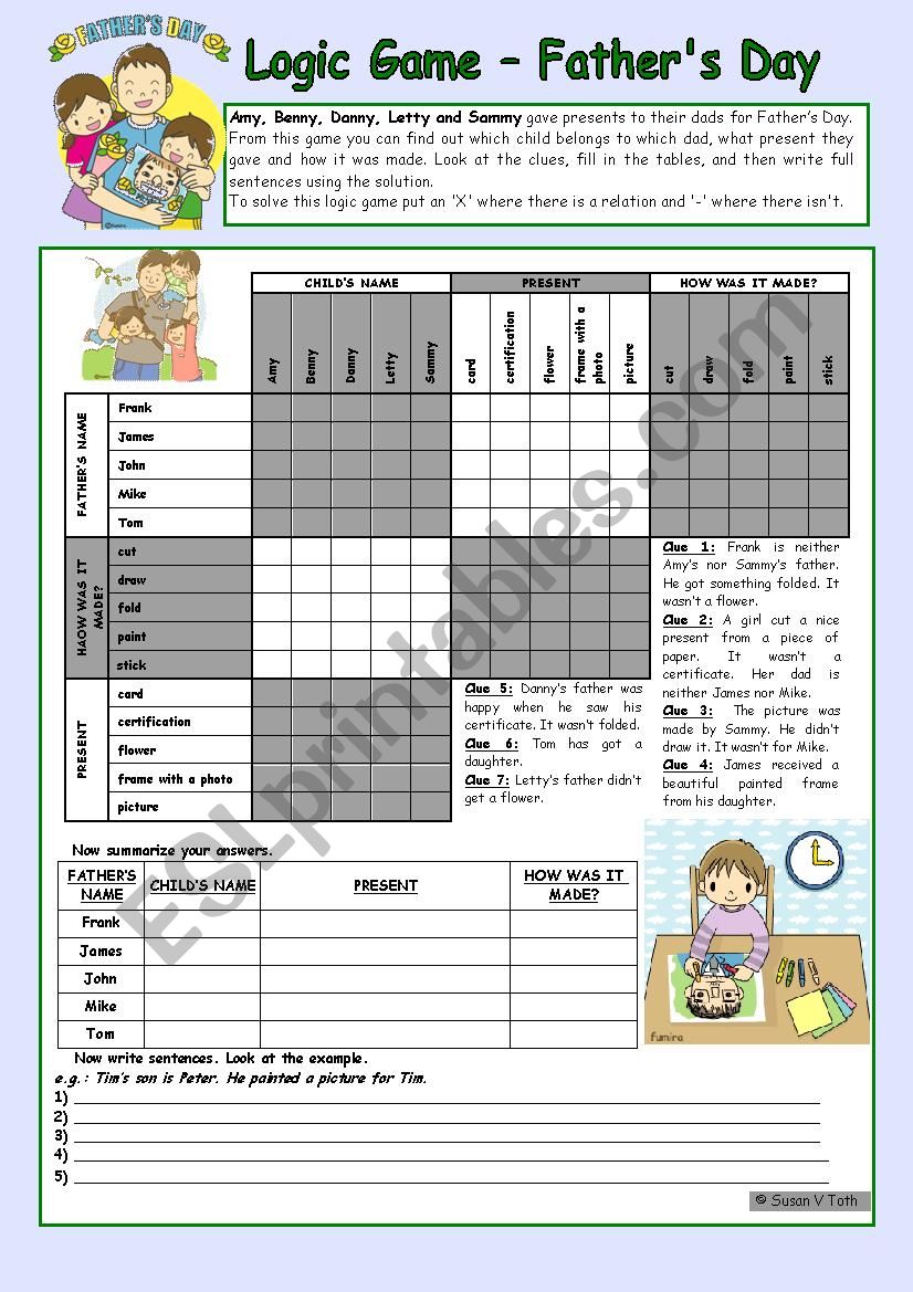 Logic game (38th) - Father´s Day *** for elementary ss *** with key ...