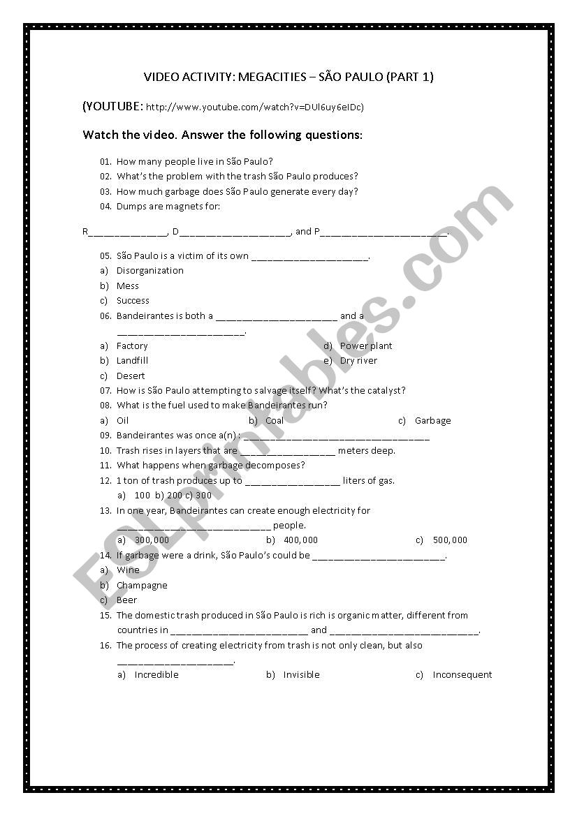 VIDEO ACTIVITY - MEGACITIES SÃƒO PAULO - ESL worksheet by falfoster