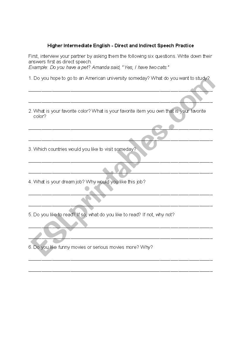 Direct and Indirect Speech Interviews - ESL worksheet by amandahuff