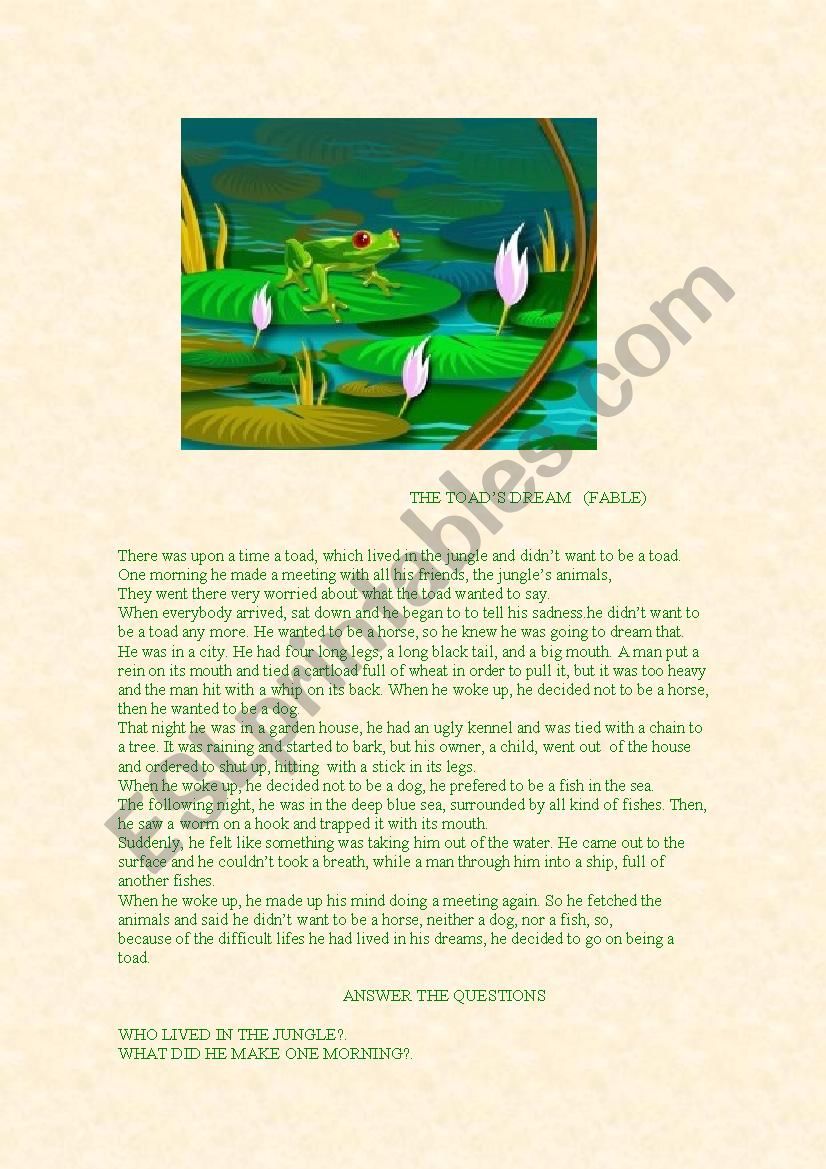 reading comprehension, the toad´s dream, fable. - ESL worksheet by lovedogs