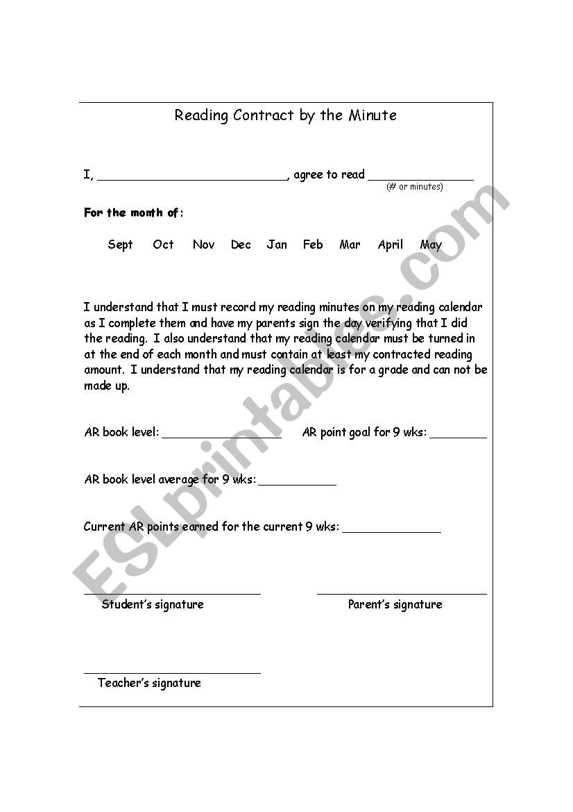 Reading Contract by the Minute - ESL worksheet by pjminnick Reading Contract by the Minute - ESL worksheet by pjminnick