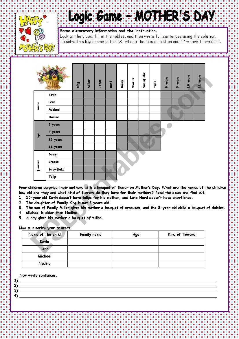 Logic Game No. 3 - Mother´s Day - ESL worksheet by Krümel