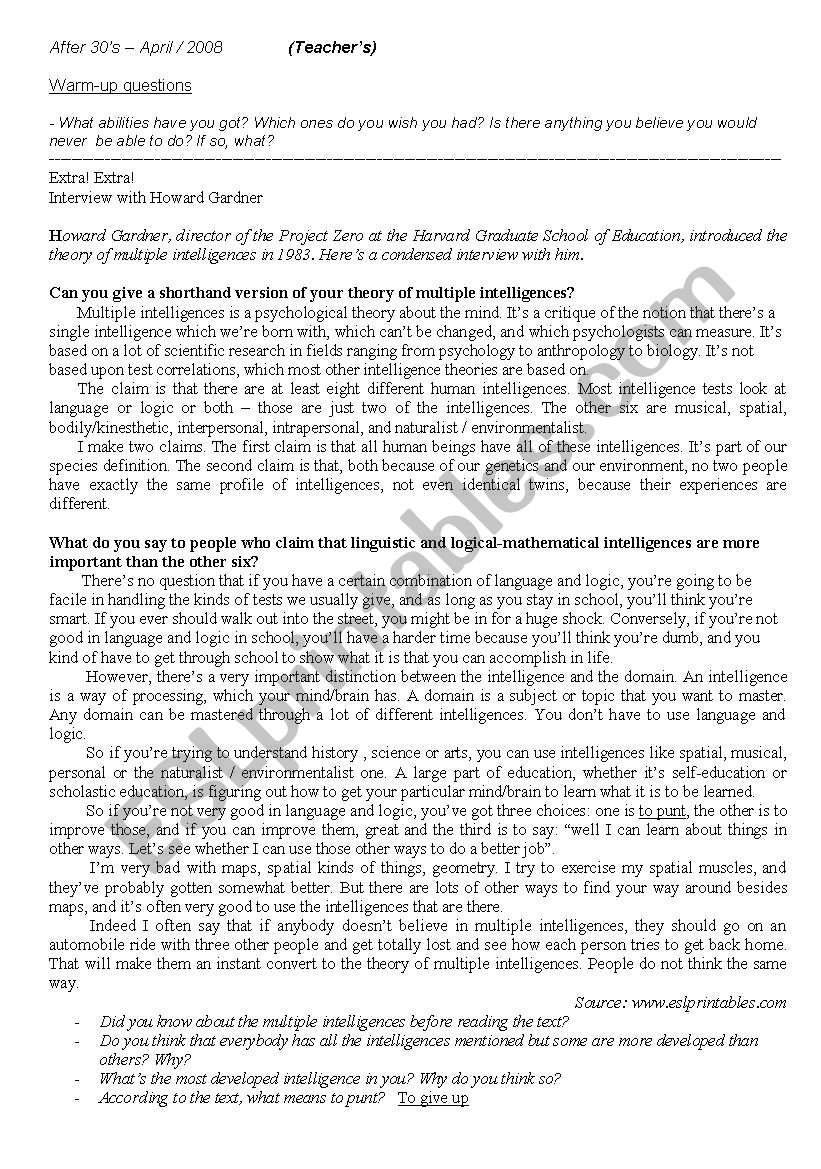 Multiple Intelligences - Teacher´s guide - ESL worksheet by daniellemotta
