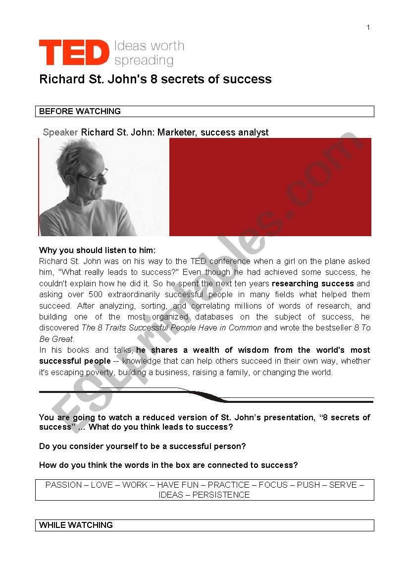 Richard St John´s 8 secrets to success - ESL worksheet by romina_arena