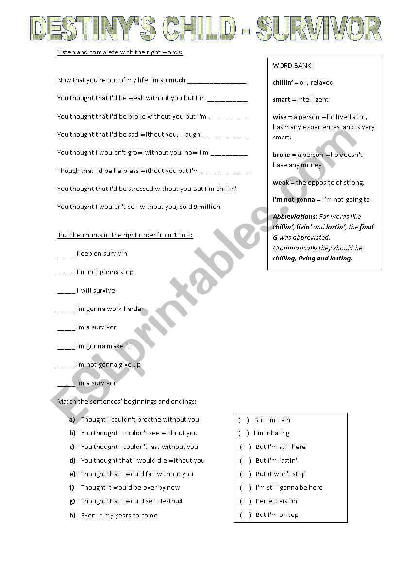 SURVIVOR- DESTINY´S CHILD - ESL worksheet by yasminlouise
