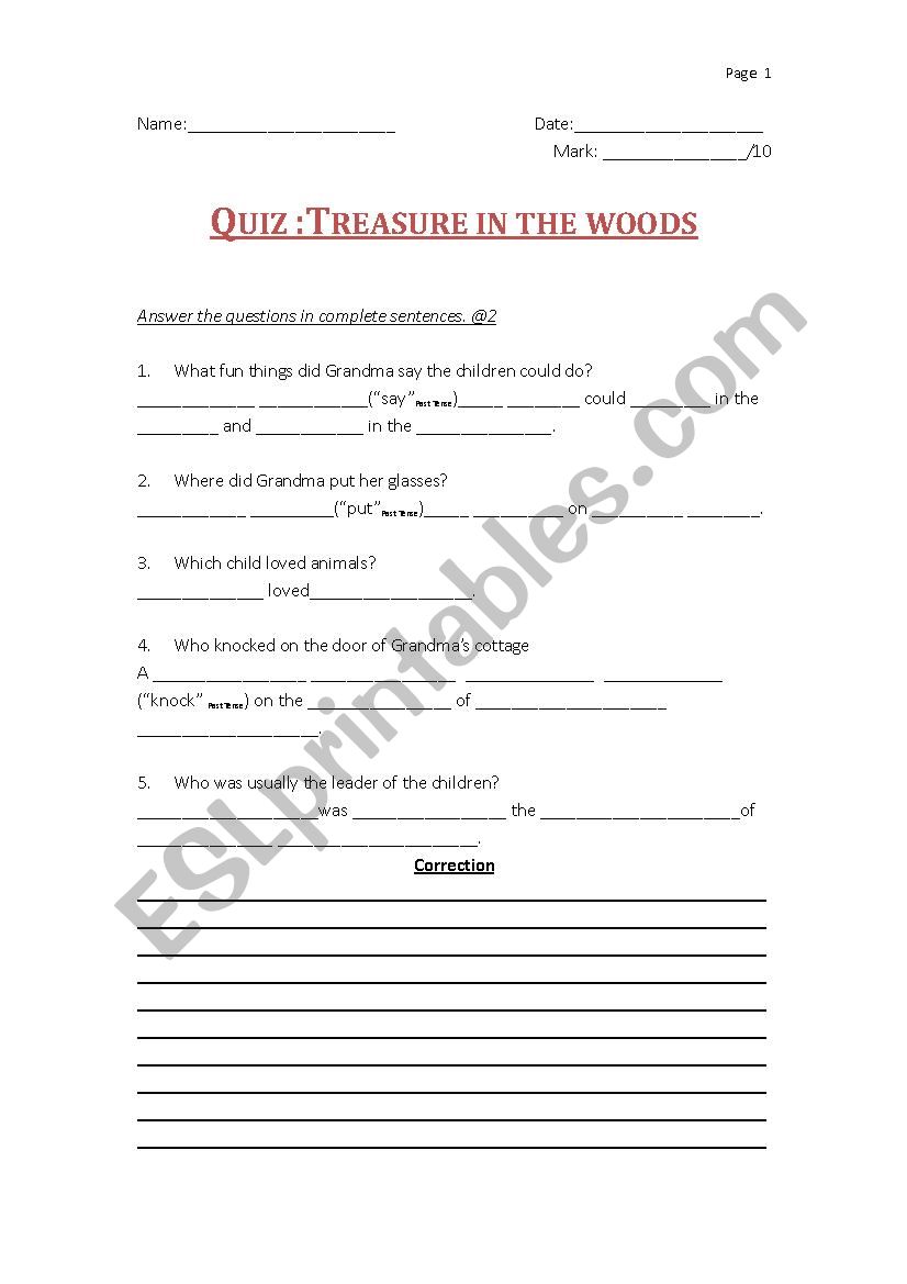 Treasure in the woods´s quizzes - ESL worksheet by mimosatsz