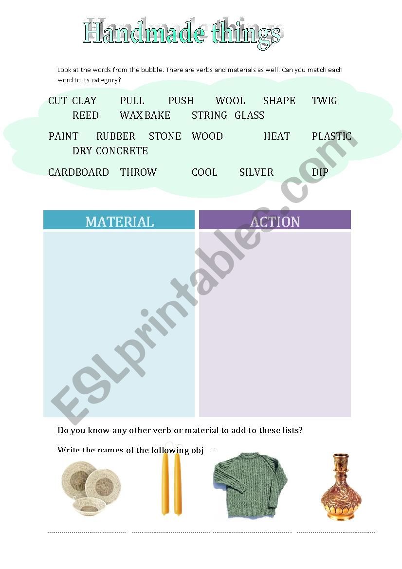 Handcrafts´ adjectives and materials - ESL worksheet by Laura0112