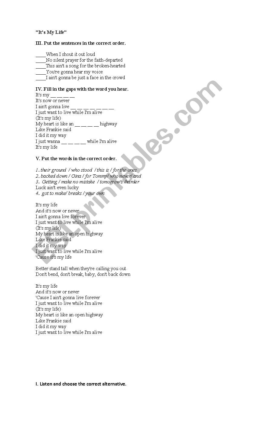 Listening. It´s my life, Bon Jovi. - ESL worksheet by monicaromerosoto