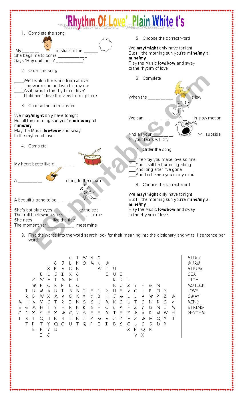 ´Rhythm Of Love´ Plain White t´s - ESL worksheet by dianac4