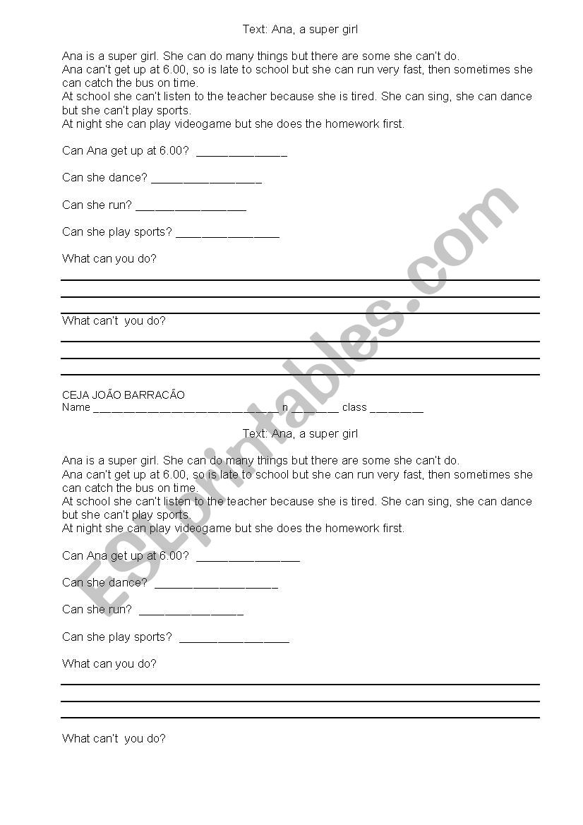 Text with can and can´t - ESL worksheet by cacri